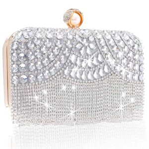 yokawe women’s crystals evening bag bling rhinestone clutch purses tassel crossbody bags bride wedding party prom handbags (silver)