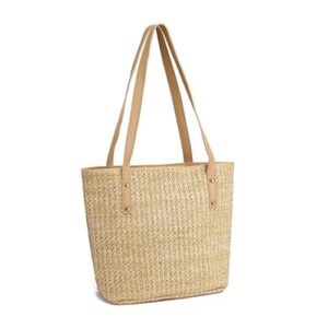 Straw Beach Tote Bags for Summer, Large Beach Bags for Women, Handmade Woven Straw Bag with Leather Handles & Zipper Closure for Vacation, Holiday, Seaside (Khaki)