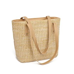 Straw Beach Tote Bags for Summer, Large Beach Bags for Women, Handmade Woven Straw Bag with Leather Handles & Zipper Closure for Vacation, Holiday, Seaside (Khaki)