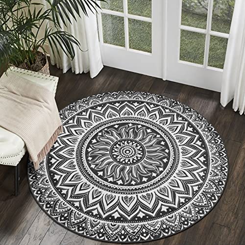 LEEVAN Mandala Round Rug 3ft,Modern Flannel Washable Circle Rug with Non-Slip Rubber Backing No-Shedding Indoor Bohemian Grey Office Rug for Meditation,Dining Room,Under Table