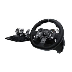 logitech g920 driving force racing wheel and floor pedals, real force feedback, stainless steel paddle shifters, leather steering wheel cover for xbox series x|s, xbox one, pc, mac – black