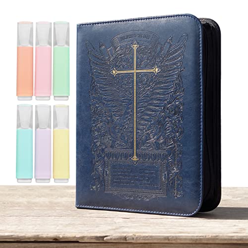 ROTCROSS Bible Cover,Blue Faux Leather Classic Bible Bag,Study Bible Case with 6 Highlighters-Original Design Bible Bag Bible Case for Men Women Father