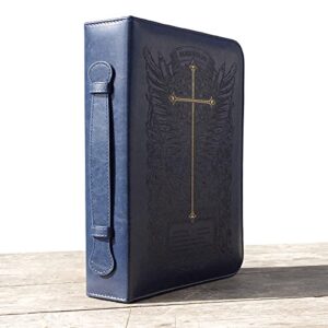 ROTCROSS Bible Cover,Blue Faux Leather Classic Bible Bag,Study Bible Case with 6 Highlighters-Original Design Bible Bag Bible Case for Men Women Father