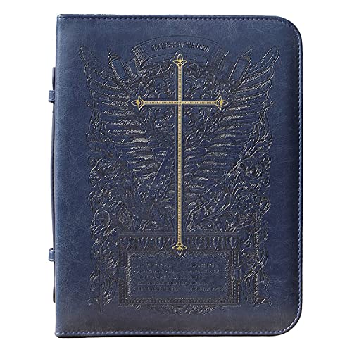 ROTCROSS Bible Cover,Blue Faux Leather Classic Bible Bag,Study Bible Case with 6 Highlighters-Original Design Bible Bag Bible Case for Men Women Father