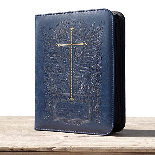 ROTCROSS Bible Cover,Blue Faux Leather Classic Bible Bag,Study Bible Case with 6 Highlighters-Original Design Bible Bag Bible Case for Men Women Father