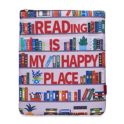 Reading is My Happy Place Book Sleeves Protector, Bookshelf Book Sleeve with Zipper, 11x8.5 Inch Washable Fabric Book Lovers