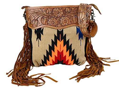 American Darling ADBGZ422A Tan Multi Colored Aztec Purse with Tooled Leather