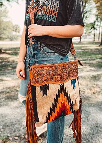 American Darling ADBGZ422A Tan Multi Colored Aztec Purse with Tooled Leather