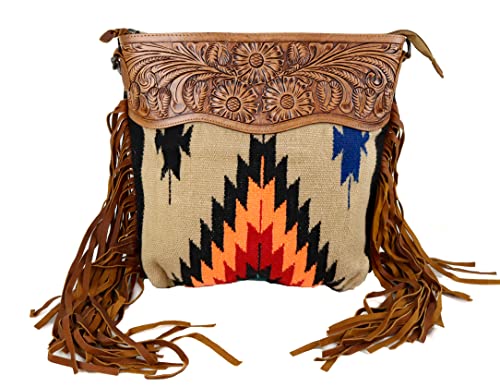 American Darling ADBGZ422A Tan Multi Colored Aztec Purse with Tooled Leather