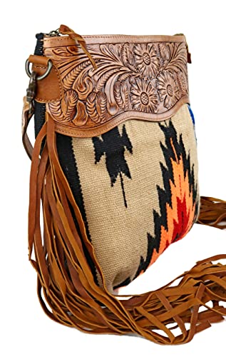 American Darling ADBGZ422A Tan Multi Colored Aztec Purse with Tooled Leather