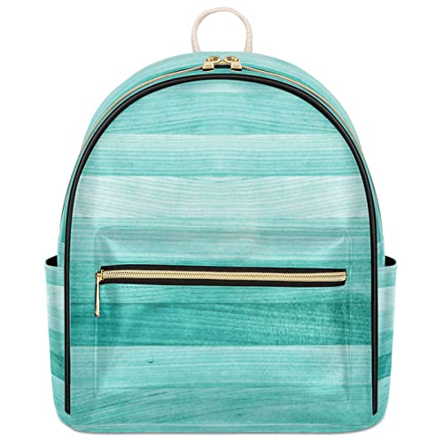 AUUXVA Teal Turquoise Backpack Purse for Women, Green Painted Wood Background PU Leather Small Mini Backpack Casual Daypack Shoulder Bookbag for Teens Girls Kids