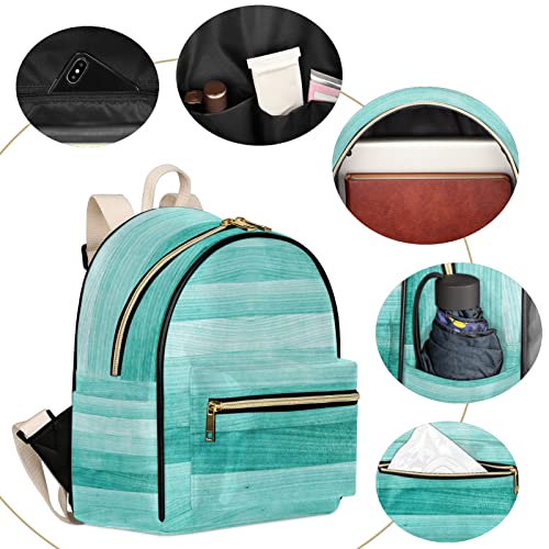 AUUXVA Teal Turquoise Backpack Purse for Women, Green Painted Wood Background PU Leather Small Mini Backpack Casual Daypack Shoulder Bookbag for Teens Girls Kids