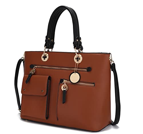 MKF Collection MKF-X675COG-BK Julia Multi-Pocket Satchel by Mia K. Cognac Brown & Black