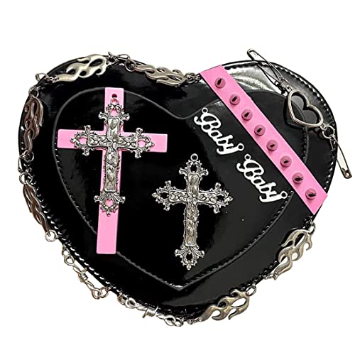 Goth Purse Kawaii Gothic Bag Y2K Heart Shaped Bag Punk Cross Decor Bag Studded Crossbody Bag (Black)