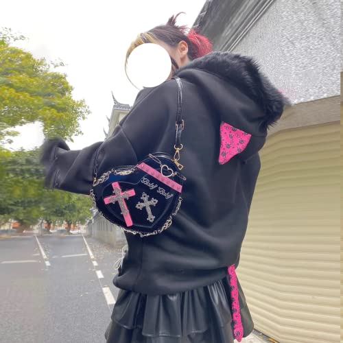 Goth Purse Kawaii Gothic Bag Y2K Heart Shaped Bag Punk Cross Decor Bag Studded Crossbody Bag (Black)