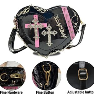 Goth Purse Kawaii Gothic Bag Y2K Heart Shaped Bag Punk Cross Decor Bag Studded Crossbody Bag (Black)