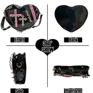 Goth Purse Kawaii Gothic Bag Y2K Heart Shaped Bag Punk Cross Decor Bag Studded Crossbody Bag (Black)