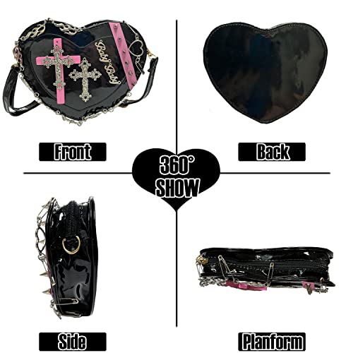 Goth Purse Kawaii Gothic Bag Y2K Heart Shaped Bag Punk Cross Decor Bag Studded Crossbody Bag (Black)