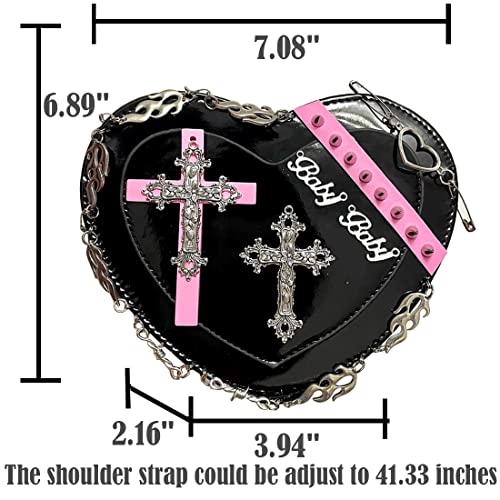 Goth Purse Kawaii Gothic Bag Y2K Heart Shaped Bag Punk Cross Decor Bag Studded Crossbody Bag (Black)