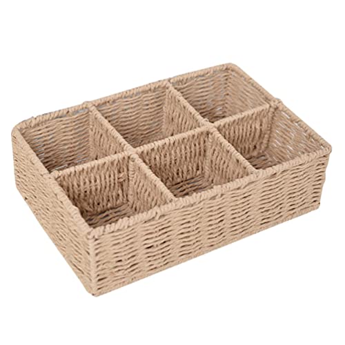 Zerodeko Rattan Divided Basket Storage Box: Woven Wicker Seagrass Storage Basket Khaki Rattan Compartment Bin Makeup Organizer Multipurpose Storage Container for Makeup Small Items