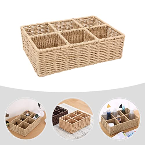 Zerodeko Rattan Divided Basket Storage Box: Woven Wicker Seagrass Storage Basket Khaki Rattan Compartment Bin Makeup Organizer Multipurpose Storage Container for Makeup Small Items