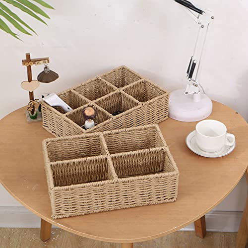 Zerodeko Rattan Divided Basket Storage Box: Woven Wicker Seagrass Storage Basket Khaki Rattan Compartment Bin Makeup Organizer Multipurpose Storage Container for Makeup Small Items