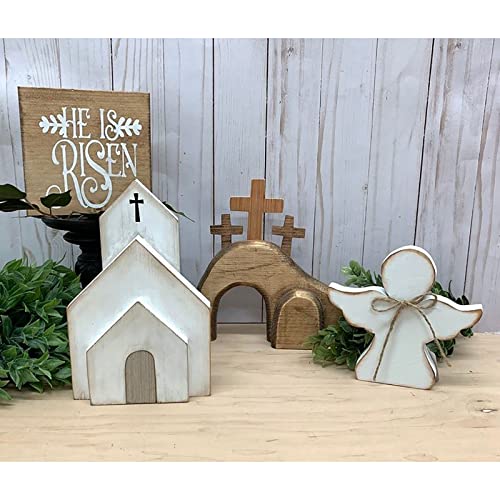 Jesus Tomb Easter Tray Bundle Kit, Wooden Easter Jesus Sign Tiered Tray Decorations, He is Risen Easter Tiered Tray Decor Farmhouse Rustic Tiered Tray Items, Easter Decor for Home Office (Set of 4)