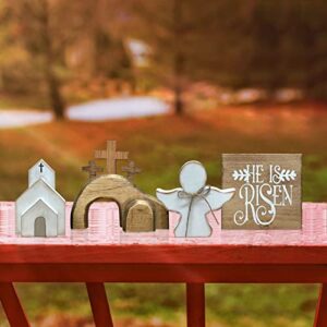 Jesus Tomb Easter Tray Bundle Kit, Wooden Easter Jesus Sign Tiered Tray Decorations, He is Risen Easter Tiered Tray Decor Farmhouse Rustic Tiered Tray Items, Easter Decor for Home Office (Set of 4)