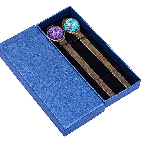 Wisdompro 2 Pcs Metal Bookmark, Retro Vintage Bronze Book Mark Ruler with Dried Flower, Packaged in a Gift Box - an Ideal Gift for Kids, Students, Teachers, Book Lovers - Blue & Purple