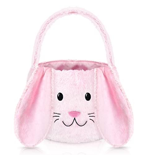 Senneny Easter Baskets for Kids, Personalized Plush Bunny Basket Gift for Girls Boys, Cute Fluffy Eggs Hunting Buckets Bags with Foldable Rabbit Ears, Pink