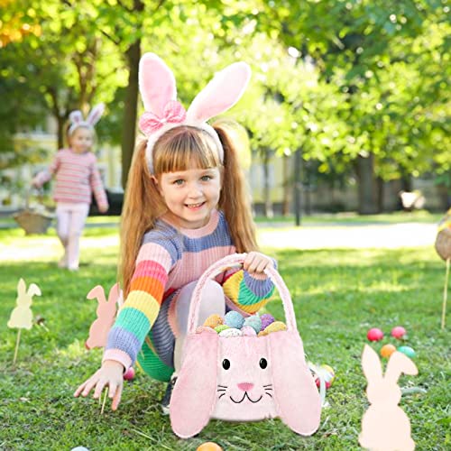 Senneny Easter Baskets for Kids, Personalized Plush Bunny Basket Gift for Girls Boys, Cute Fluffy Eggs Hunting Buckets Bags with Foldable Rabbit Ears, Pink