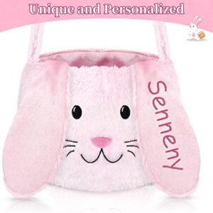 Senneny Easter Baskets for Kids, Personalized Plush Bunny Basket Gift for Girls Boys, Cute Fluffy Eggs Hunting Buckets Bags with Foldable Rabbit Ears, Pink