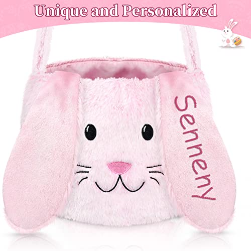 Senneny Easter Baskets for Kids, Personalized Plush Bunny Basket Gift for Girls Boys, Cute Fluffy Eggs Hunting Buckets Bags with Foldable Rabbit Ears, Pink