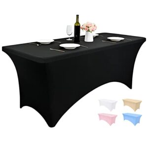 yastouay 8ft stretch table cloth spandex table cover tight fitted for 8ft rectangular tables black washable tablecloths for party, wedding, banquet, outdoor (black, 8 ft)