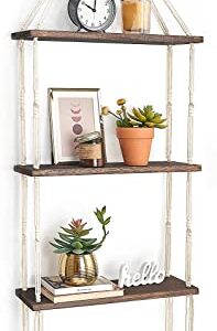 Mkono Macrame Wall Hanging Shelf 3 Tier Wood Floating Shelves with Cute Woven Rope Boho Room Decor Display Photos Plant Hanging Storage Shelves for Bathroom, Bedroom, Living Room, Nursery