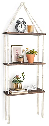 Mkono Macrame Wall Hanging Shelf 3 Tier Wood Floating Shelves with Cute Woven Rope Boho Room Decor Display Photos Plant Hanging Storage Shelves for Bathroom, Bedroom, Living Room, Nursery