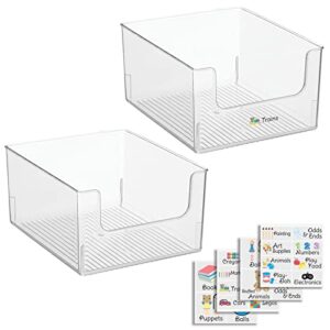 mDesign Plastic Open Front Toy Storage Organizer Bin for Playroom, Nursery, Kids Closets; Holds Action Figures, Crayons, Building Blocks, Puzzles - Ligne Collection - 2 Pack + 24 Labels - Clear