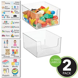 mDesign Plastic Open Front Toy Storage Organizer Bin for Playroom, Nursery, Kids Closets; Holds Action Figures, Crayons, Building Blocks, Puzzles - Ligne Collection - 2 Pack + 24 Labels - Clear