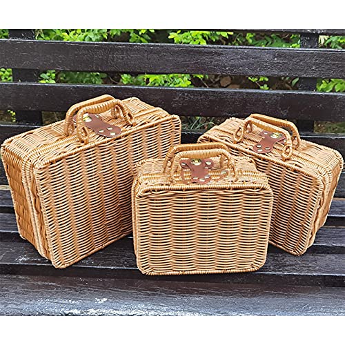 HANTURE Rattan Suitcase Storage Basket Hand Woven Seagrass Storage Baskets Makeup Organizer with Handle Rustic Wicker Storage Bins Suitcase For Picnic Shelf Organizer Box