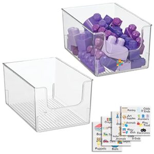 mdesign plastic slim open front toy storage organizer bin for playroom, nursery, kids closets; holds action figures, crayons, building blocks, puzzles – ligne collection – 2 pack + 24 labels – clear