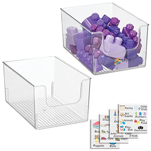 mDesign Plastic Slim Open Front Toy Storage Organizer Bin for Playroom, Nursery, Kids Closets; Holds Action Figures, Crayons, Building Blocks, Puzzles - Ligne Collection - 2 Pack + 24 Labels - Clear