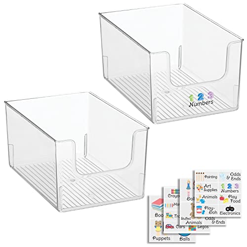 mDesign Plastic Slim Open Front Toy Storage Organizer Bin for Playroom, Nursery, Kids Closets; Holds Action Figures, Crayons, Building Blocks, Puzzles - Ligne Collection - 2 Pack + 24 Labels - Clear