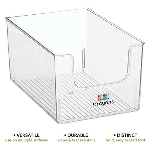 mDesign Plastic Slim Open Front Toy Storage Organizer Bin for Playroom, Nursery, Kids Closets; Holds Action Figures, Crayons, Building Blocks, Puzzles - Ligne Collection - 2 Pack + 24 Labels - Clear