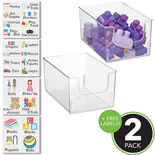 mDesign Plastic Slim Open Front Toy Storage Organizer Bin for Playroom, Nursery, Kids Closets; Holds Action Figures, Crayons, Building Blocks, Puzzles - Ligne Collection - 2 Pack + 24 Labels - Clear