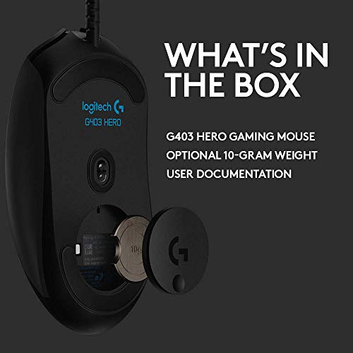 Logitech G403 Hero 25K Gaming Mouse, Lightsync RGB, Lightweight 87G+10G optional, Braided Cable, 25, 600 DPI, Rubber Side Grips