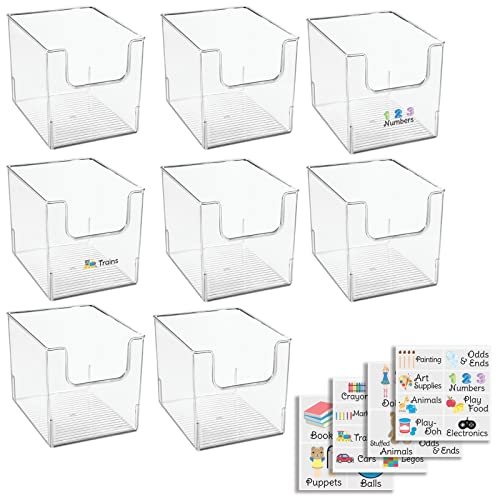 mDesign Deep Plastic Home Storage Organizer Bin - Container for Nursery, Kids Bedroom, Toy or Playroom - Open Front Design - 8 Bins + 24 Labels - Clear