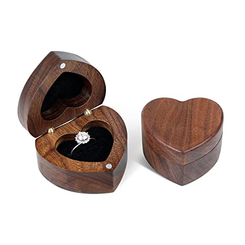 Wood Ring Box Heart Shaped Velvet Soft Interior Holder Jewelry Handmade Wooden Presentation Box Jewelry Chest Organizer Earrings Coin Case for Proposal Engagement Wedding Ceremony Birthday Gift