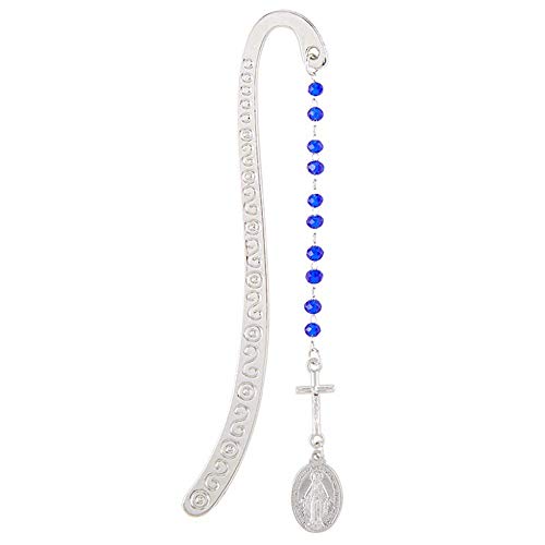 Religious Metal Bookmark with Blue Glass Beads and Crucifix Rosary Charm, Unique Gift for Readers, 4 3/4 Inch