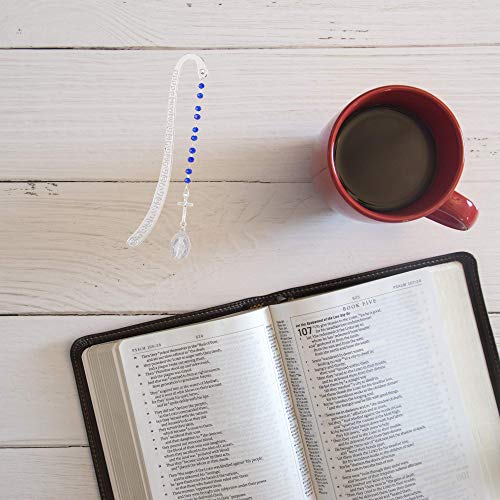 Religious Metal Bookmark with Blue Glass Beads and Crucifix Rosary Charm, Unique Gift for Readers, 4 3/4 Inch