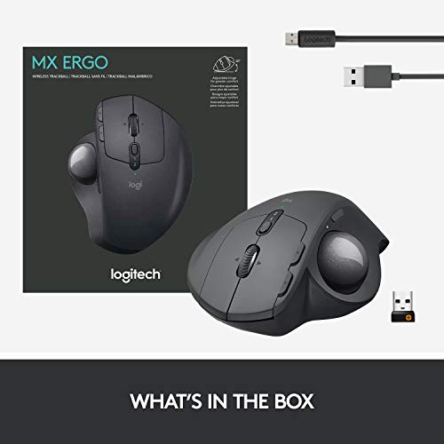 Logitech MX Ergo Wireless Trackball Mouse Adjustable Ergonomic Design, Control and Move Text/Images/Files Between 2 Windows and Apple Mac Computers (Bluetooth or USB), Rechargeable, Graphite - Black